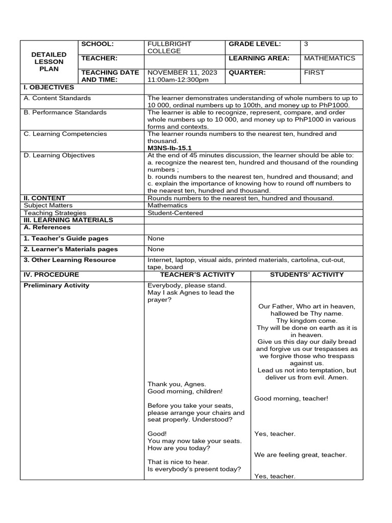 Detailed LP in MATH3 FS2 | PDF | Lord's Prayer | Learning