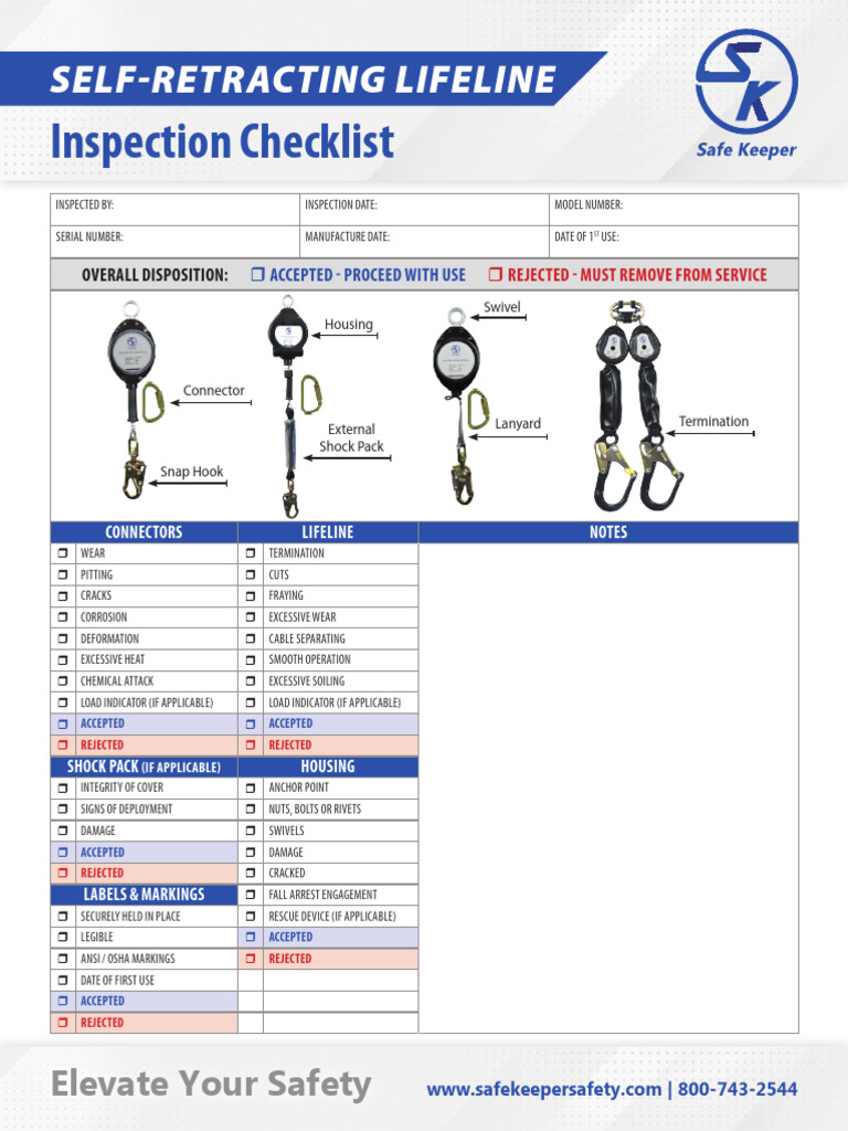 Self Retracting Lifelines Inspection Checklist | PDF