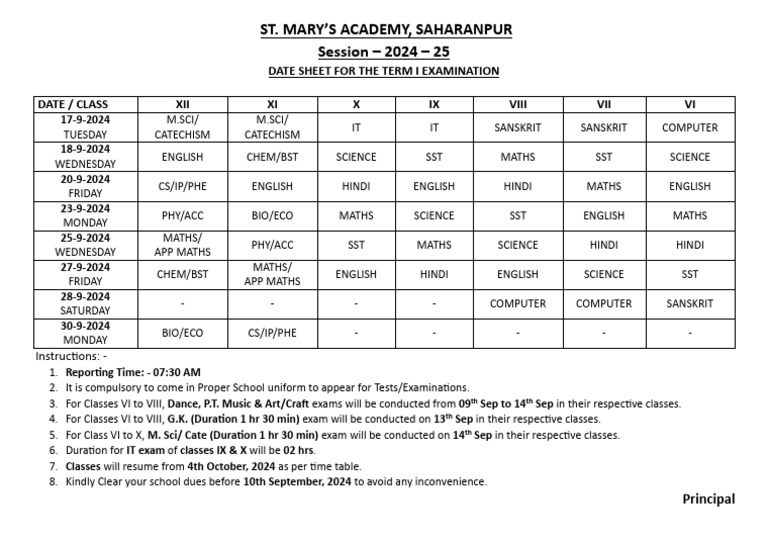 Datesheet Of Term 1 For Classes Vi To Xii 1 Pdf