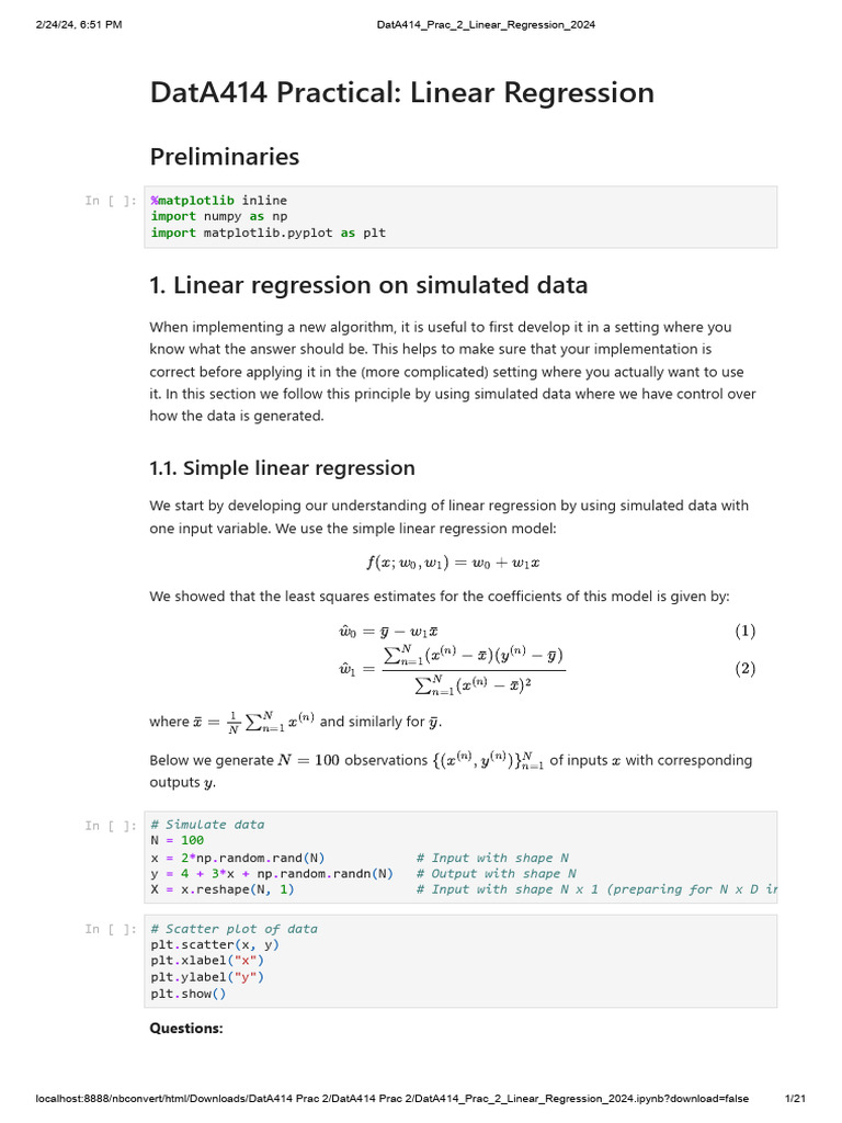 DatA414_Prac_2_Linear_Regression_2024.pdfAsisipho | PDF | Mean Squared Error | Regression Analysis