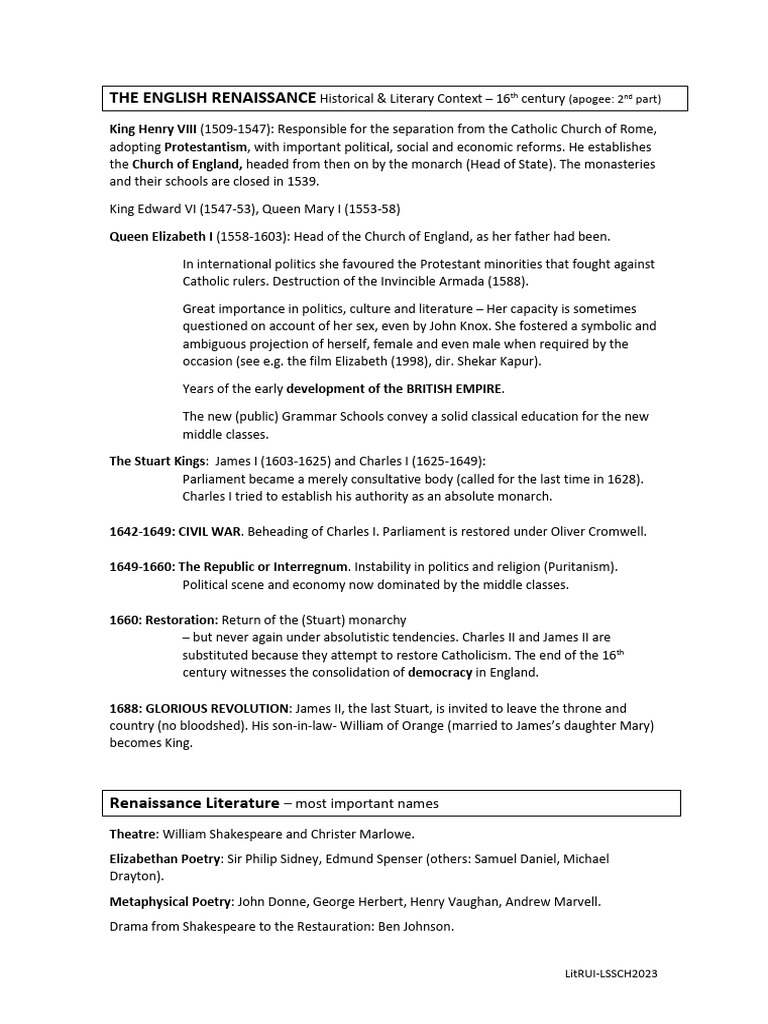 The English Renaissance Hist - Lit. Context-New2023 - Lssch-Handout ...