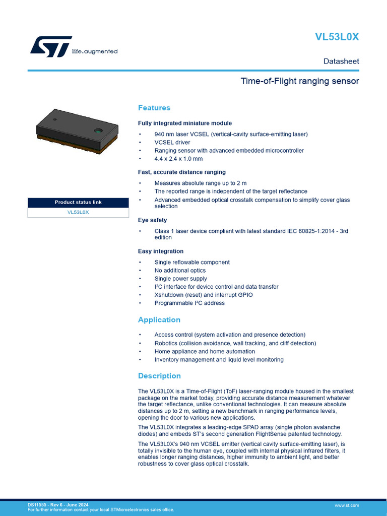 VL53L0X: Time-of-Flight Ranging Sensor | PDF | Electrical Engineering ...