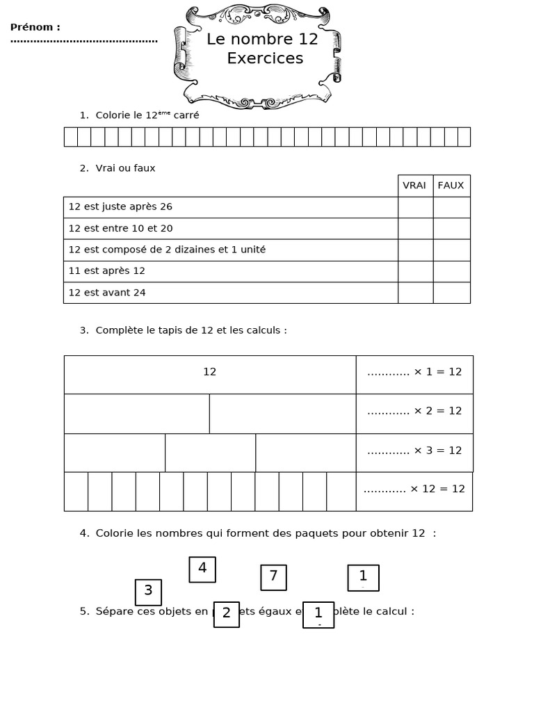 Exercices sur le nombre 12 | PDF