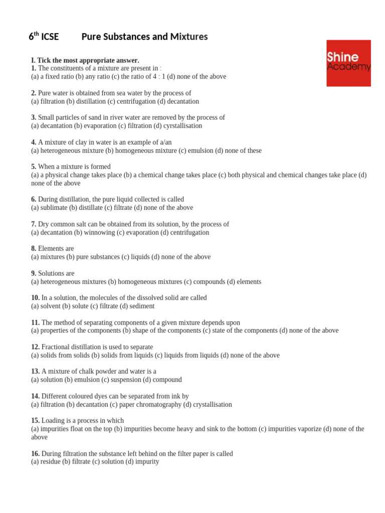 Pure Substances and Mixtures Question Bank | PDF | Mixture | Filtration