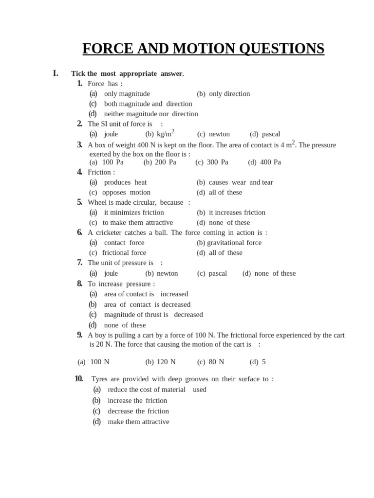 Force and Motion MCQs for Class 8 | PDF | Force | Friction