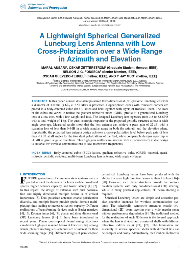 A Lightweight Spherical Generalized Luneburg Lens Antenna With Low ...