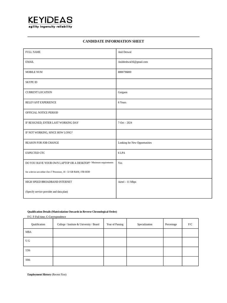 Candidate Information Sheet - BD | PDF