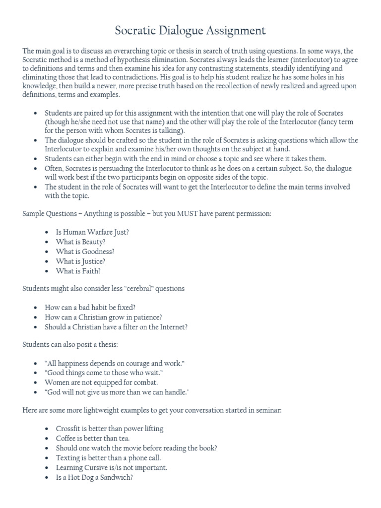Socratic Dialogue Assignment Guide | PDF | Socrates | Truth