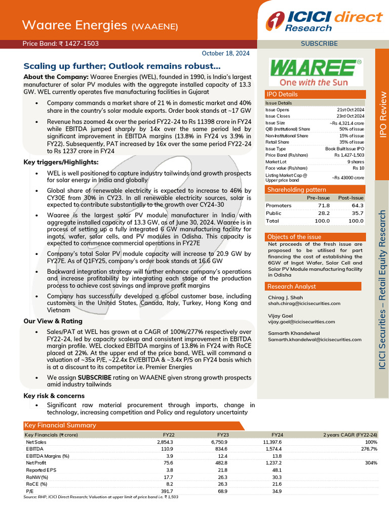 Solar IPO: Waaree Energies Analysis | PDF | Photovoltaics | Renewable Energy