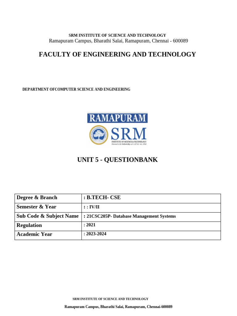 21CSC205P-DBMS Unit-5 Question Bank | PDF | Databases | Database Transaction