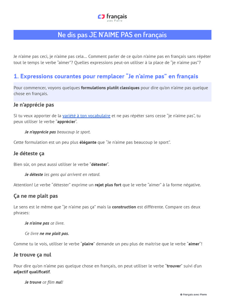 Alternatives à "Je n'aime pas" en français | PDF | Verbe | Langue française