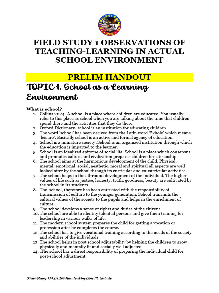FS-1-HANDOUT_PRELIM_august-2024 | PDF | Learning | Teachers