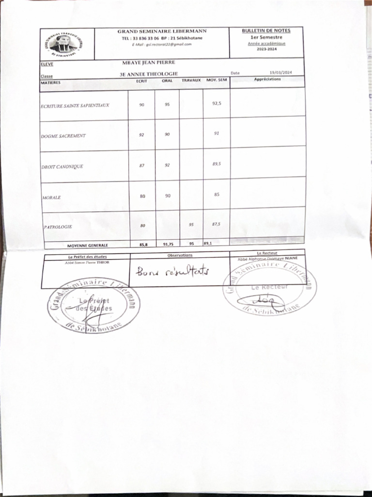 Bulletin Du Premier Semestre Pdf