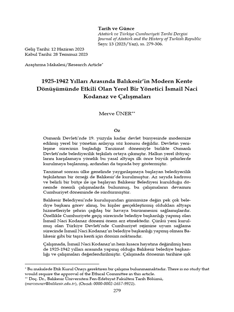 1925-1942 Y Llar Aras Nda Bal Kesir in Modern Kente D N M Nde Etkili Olan Yerel Bir Y Netici ...