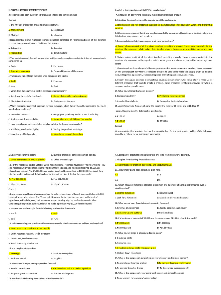 Entrepreneurship Summative Test | PDF | Expense | Debits And Credits