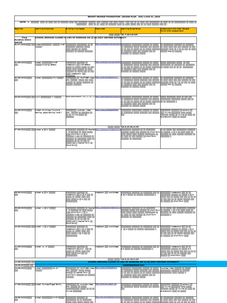 Lesson Plan Beginner Aug 1-Aug 31 | PDF