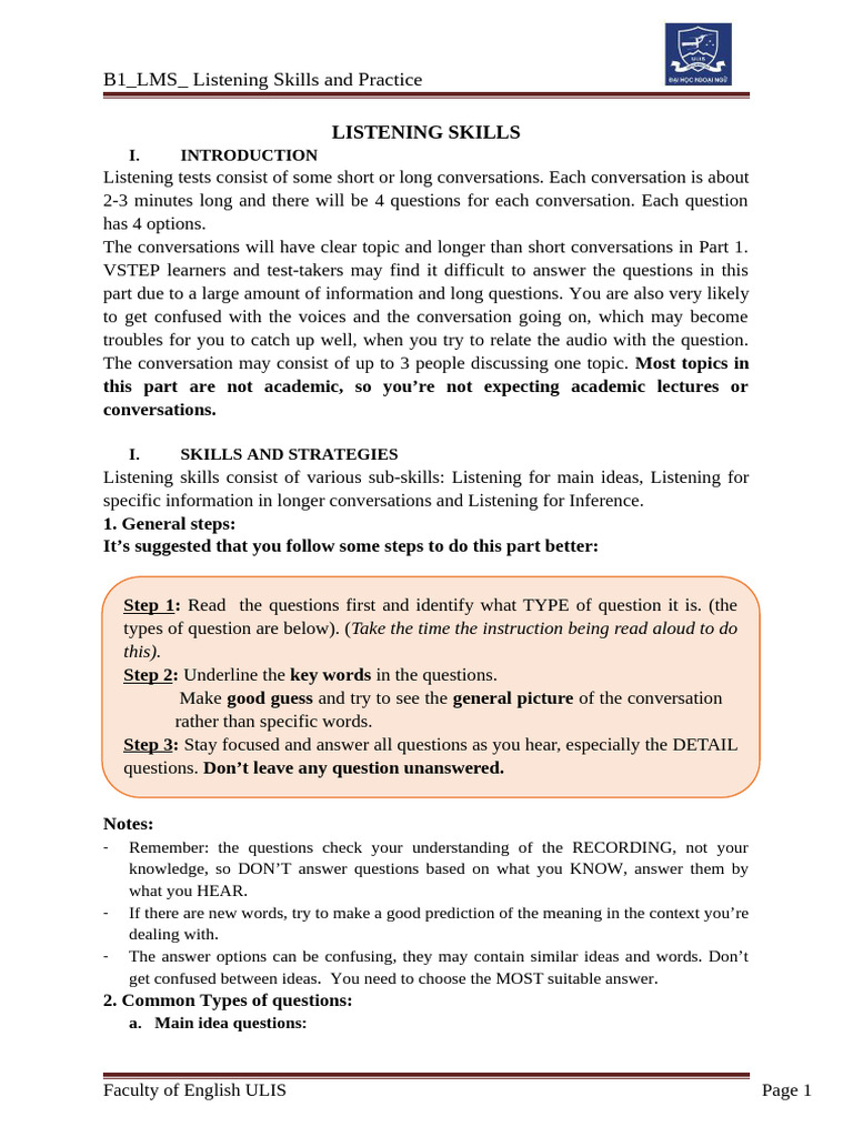 Listening Skills Practice Guide | PDF | Conversation | Inference