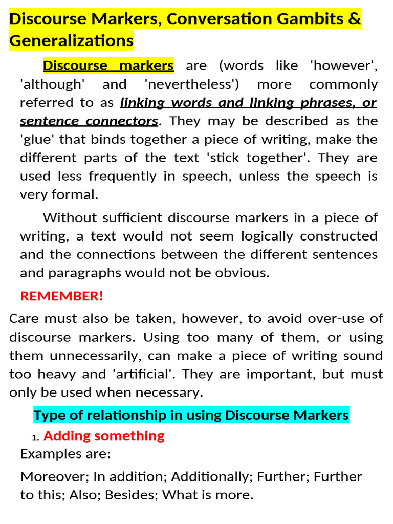 Discourse Markers Conversational Gambits Generalizations | PDF ...