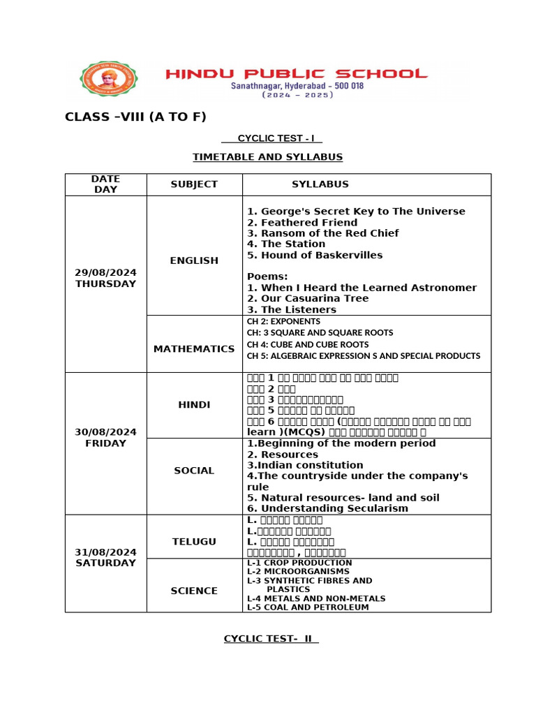Class Viii-Cyclic Test Timetable & Syllabus | PDF | Mathematics