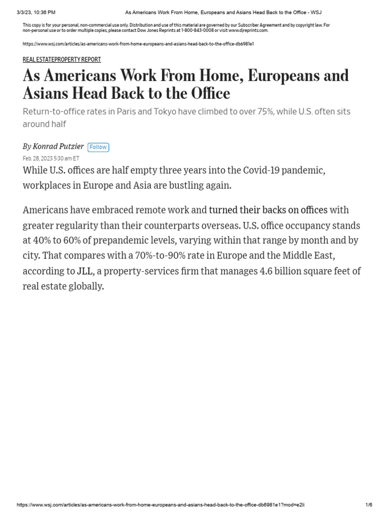 As Americans Work From Home, Europeans and Asians Head Back To The Office - WSJ | PDF ...