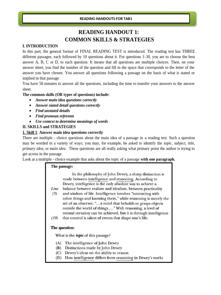Reading Handout 2 - Common Skills & Strategies - STUDENTS | PDF ...