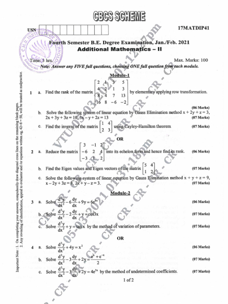 VTU Question Paper of 17MATDIP41 Additional Mathematics-II Jan-2021 | PDF