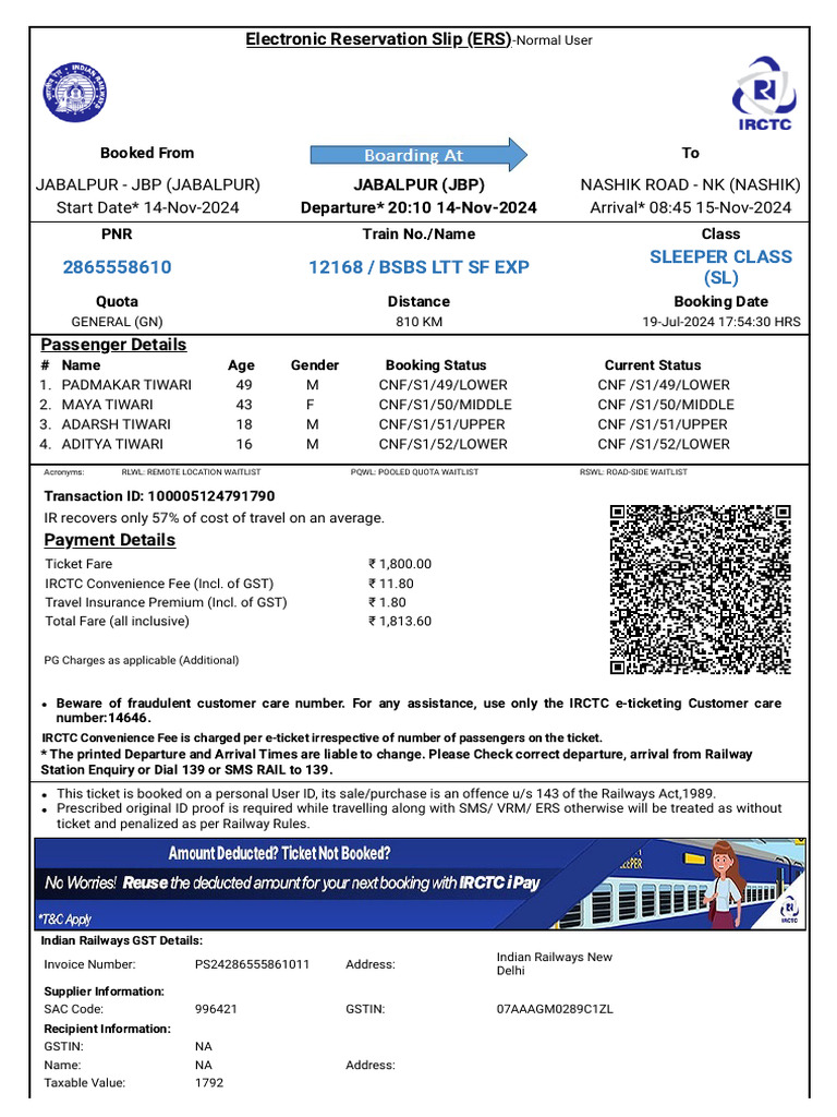 Bsbs LTT SF Exp Sleeper Class (SL) : Electronic Reservation Slip (ERS) | PDF | Payments