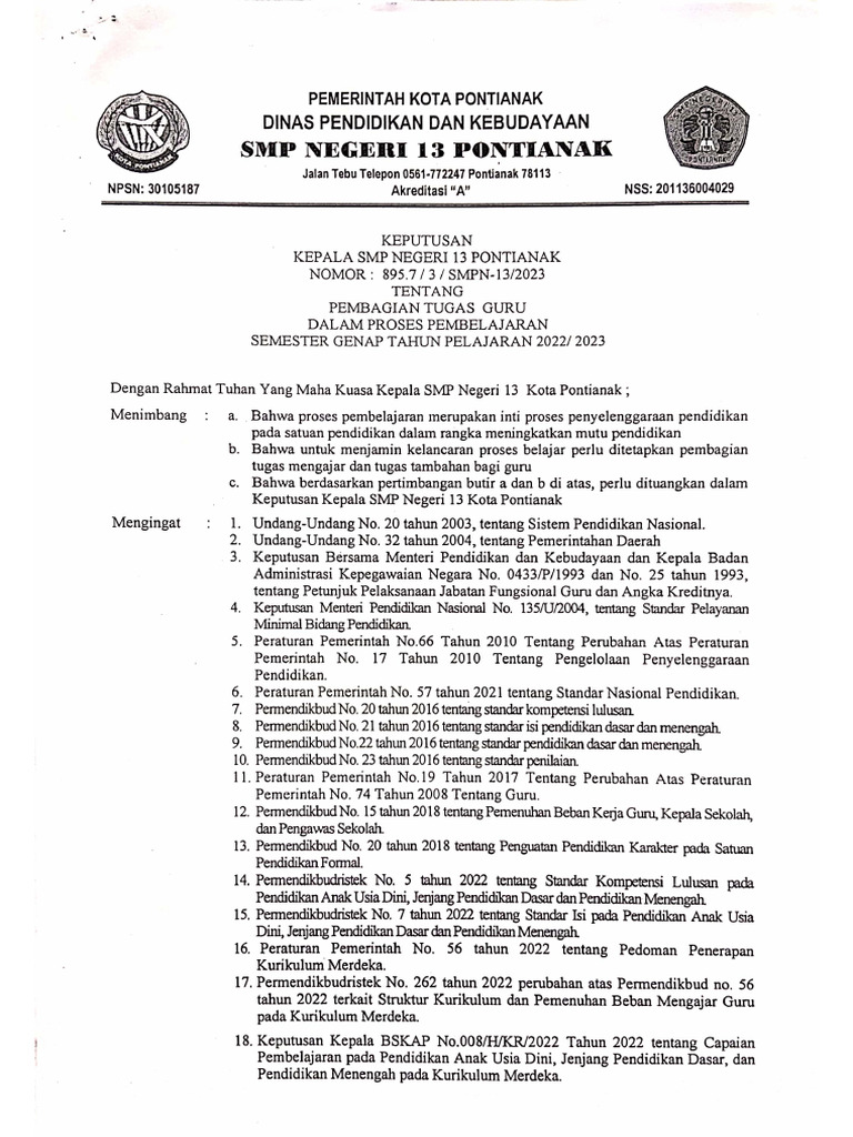 SK Pembagian Tugas Guru TH 2023 Sem.2 | PDF