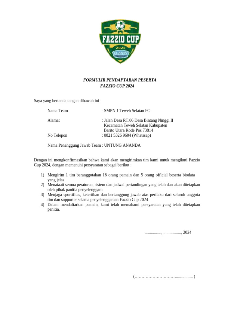 Pendaftaran SMPN 1 Teweh Selatan FC Fazzio Cup 2024 | PDF