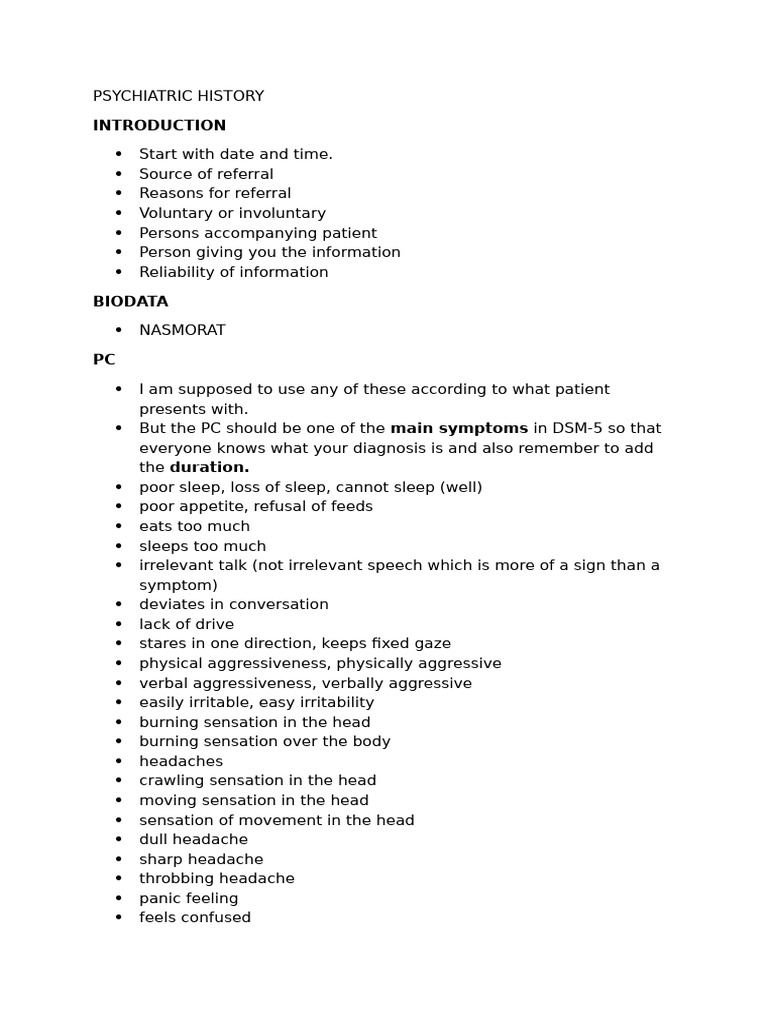 PSYCHIATRIC HISTORY | PDF | Mental Disorder | Urinary Incontinence