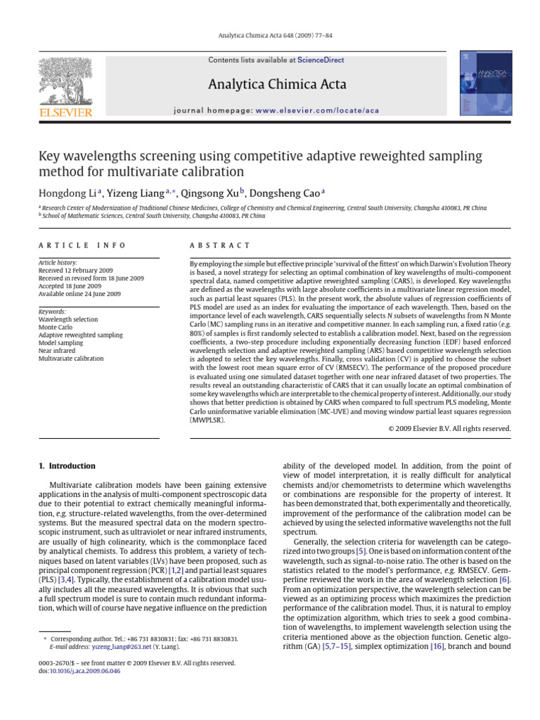 Li (2009) Key Wavelengths Screening Using Competitive Adaptive Reweighted Samplingmethod For ...