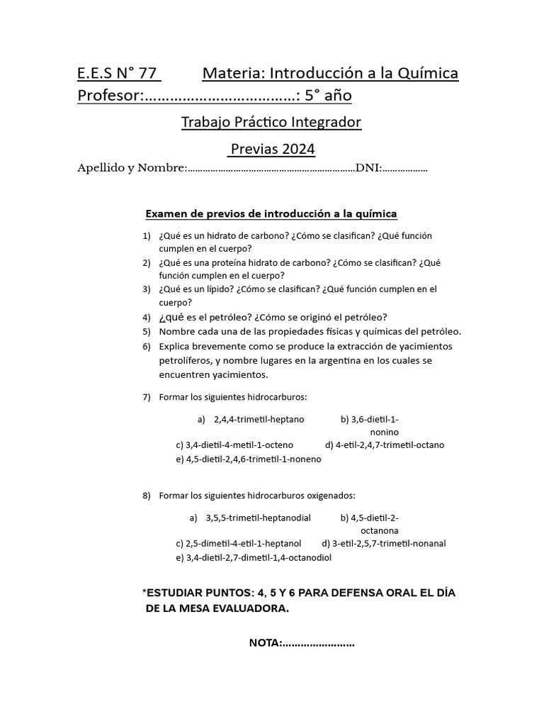 Examen Previa Fisico Química 5to | PDF