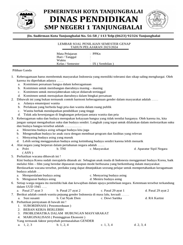 SOAL MID PKN MARIANI KELAS IX 2024 Genap | PDF
