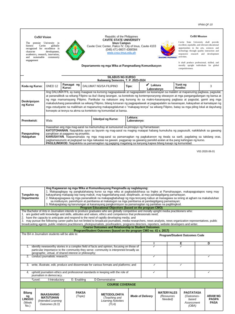 Gned 12 Silabus Cvsu Imus 2024 2025 | PDF