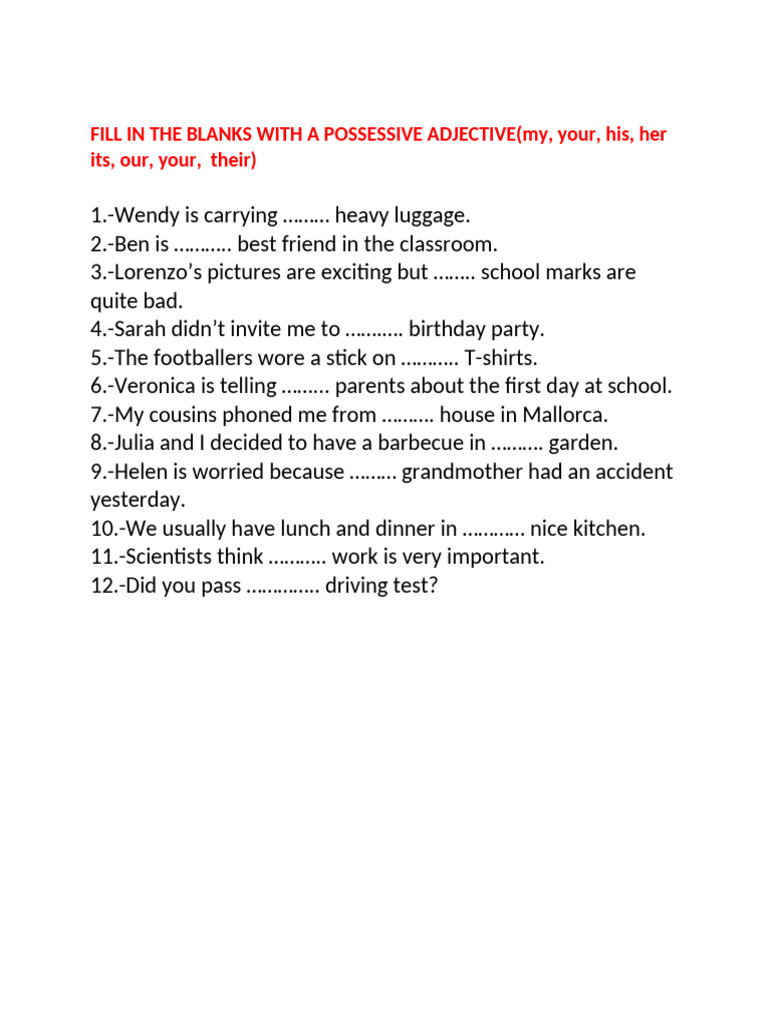 Fill in The Blanks With A Possessive Adjective | PDF