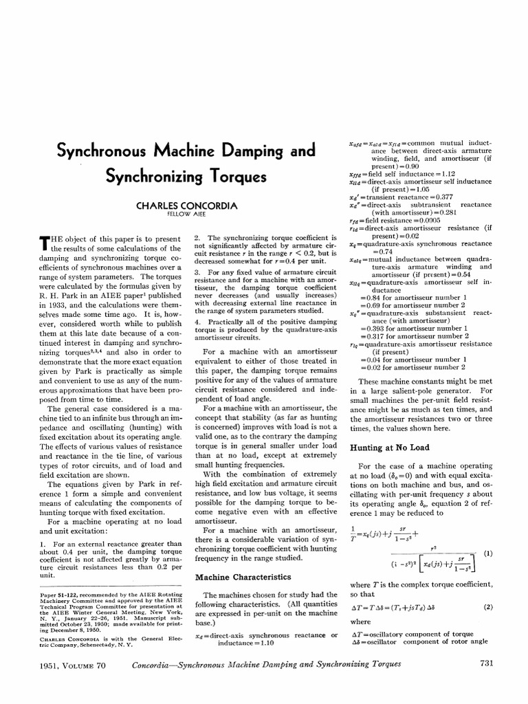 Synchronous Machine Damping and Synchronizing Torque | PDF | Physical Quantities | Electromagnetism