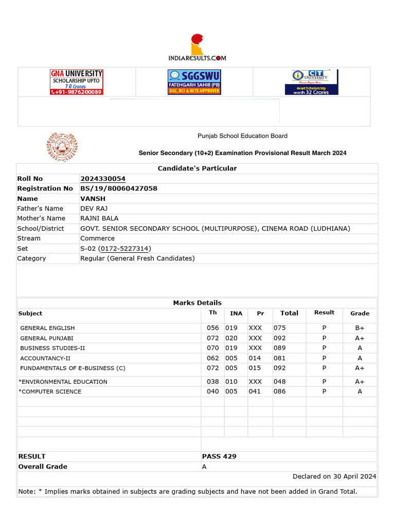 Senior Secondary (10+2) Examination Provisional R | PDF