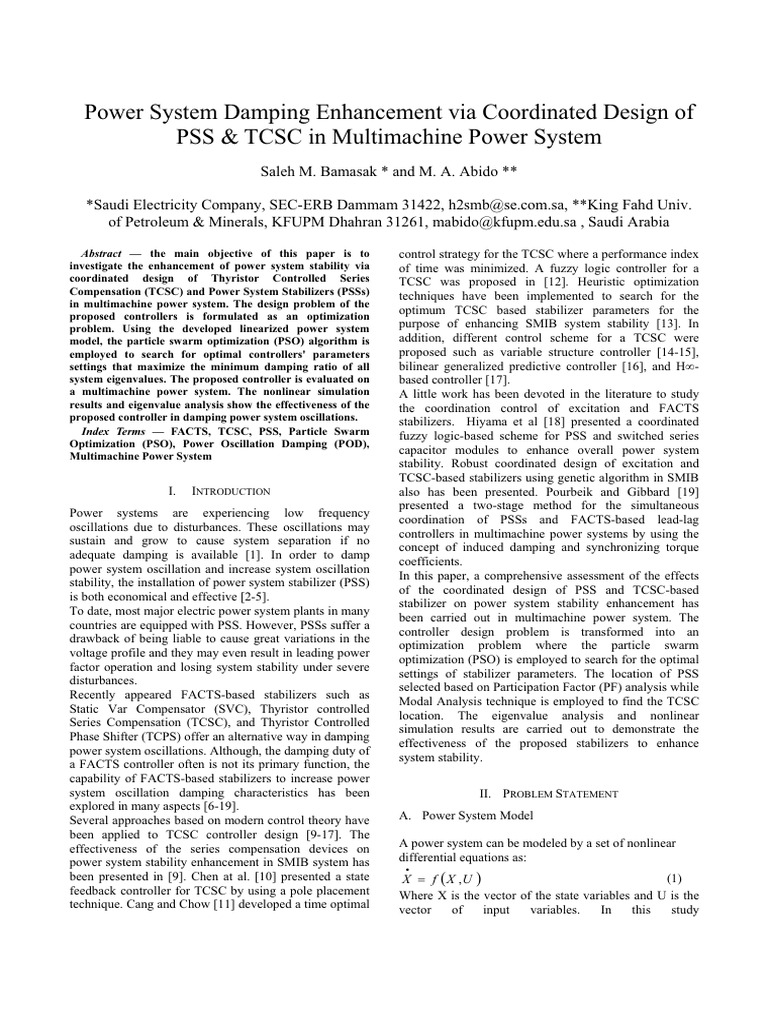 Power System Damping Enhancement Via Coordinated Design of PSS & TCSC ...