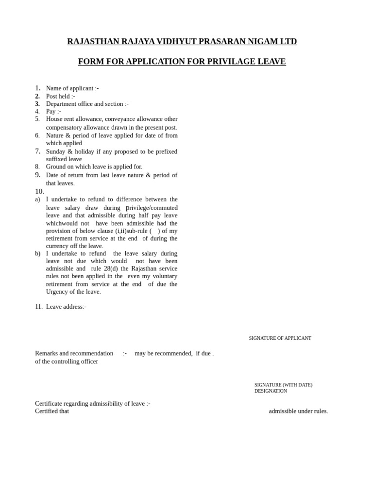 Rajasthan Privilege Leave Application Form | PDF