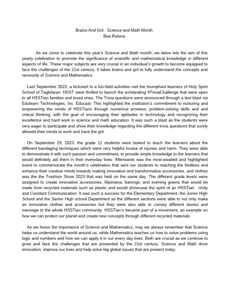 Brains and Grit - Science and Math Month | PDF | Mathematics | Science