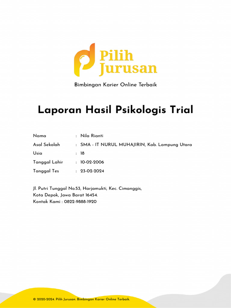 Psikogram Trial Nila Rianti Sma It Nurul Muhajirin | PDF