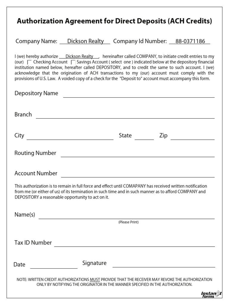 D.R - Authorization Agreement For Direct Deposits (ACH Credits) | PDF
