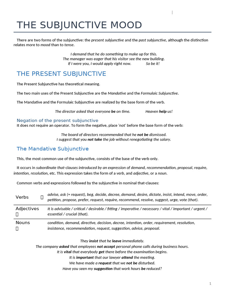 THE SUBJUNCTIVE MOOD | PDF | Verb | Language Mechanics