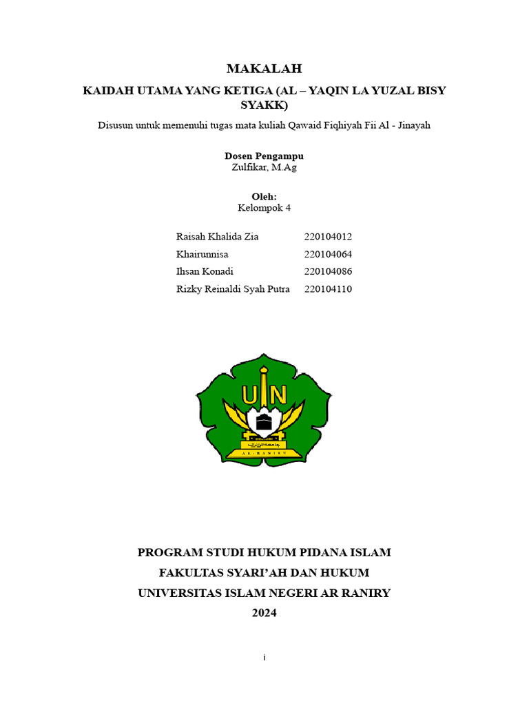 Makalah KLP 4 Al - Yaqin La Yuzalu Bisy Syakk (Kaidah Utama Ketiga) | PDF