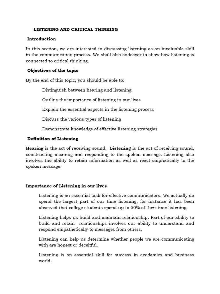 Listening's Role in Critical Thinking | PDF | Memory | Attention