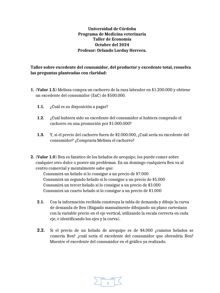 Taller de Excedentes Del Consumidor, Del Productor y Total | PDF ...