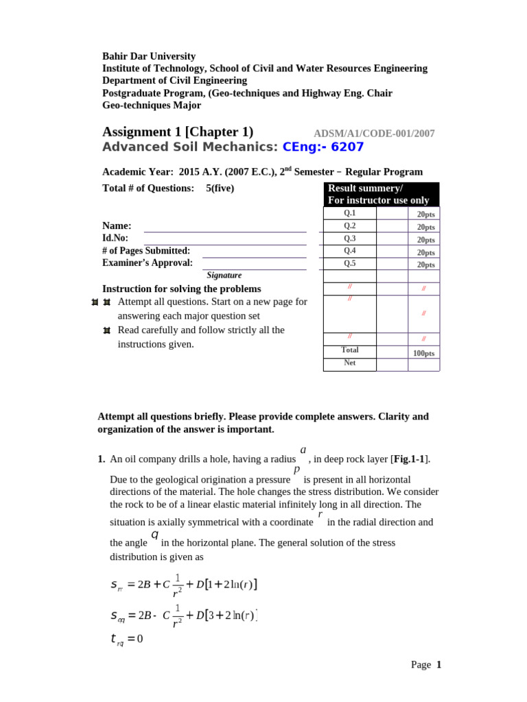 Adv Soil Mechnics Assignment 1 (Chapter 1) | PDF | Stress (Mechanics) | Elasticity (Physics)