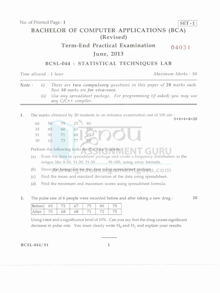 BCSL 044 Previous Year Question Papers by Ignouassignmentguru | PDF | Spreadsheet | Histogram
