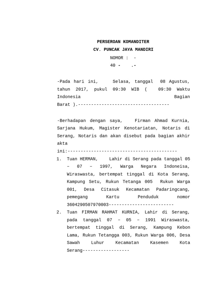 Akta Pendirian CV Puncak Jaya Mandiri | PDF