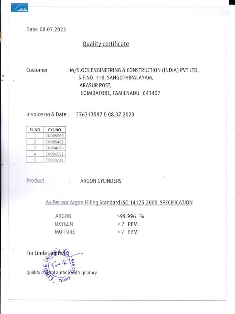 Gas Purity Certificate | PDF